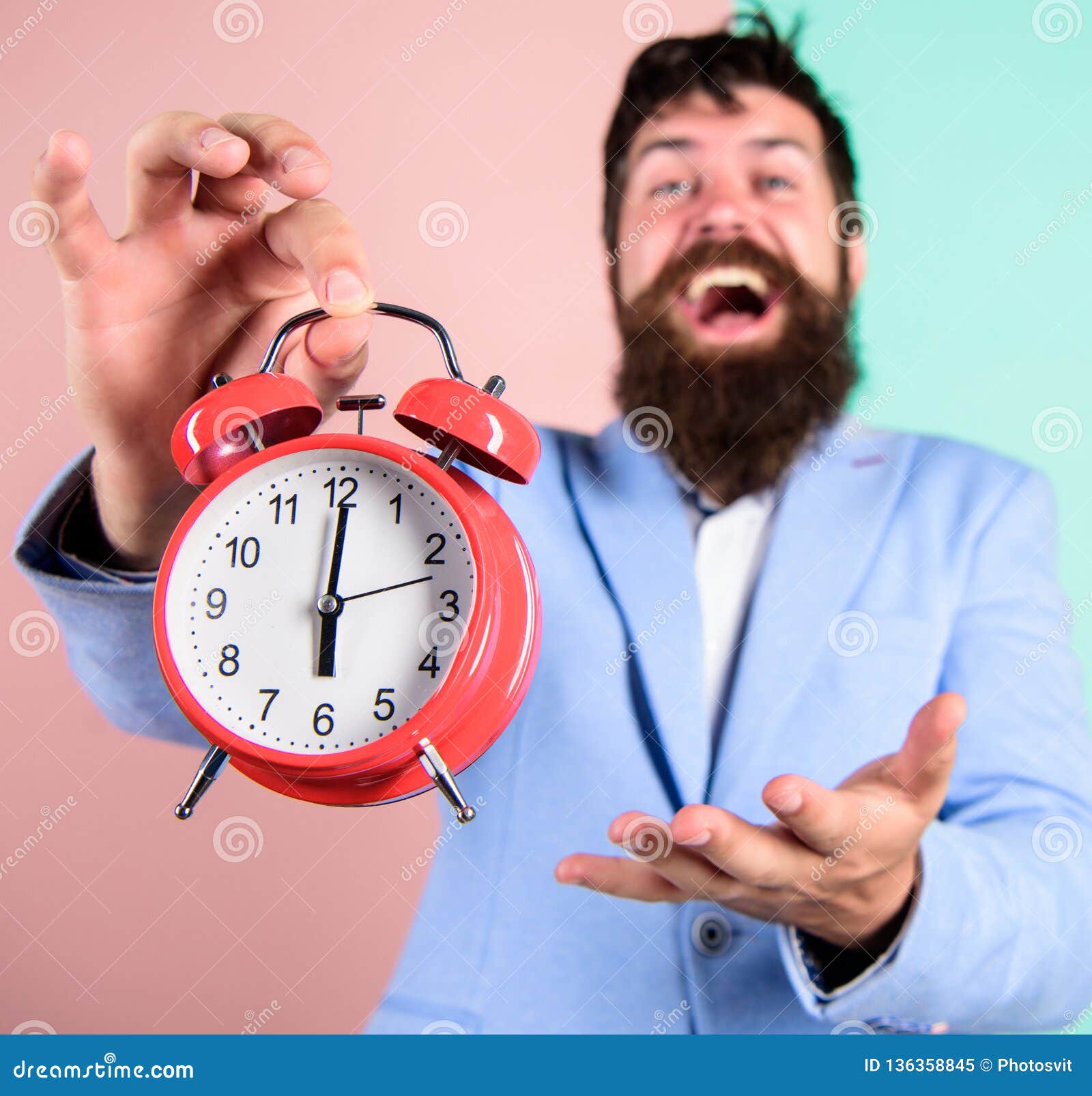 Man Bearded Happy Cheerful Businessman Hold Alarm Clock Timely Concept