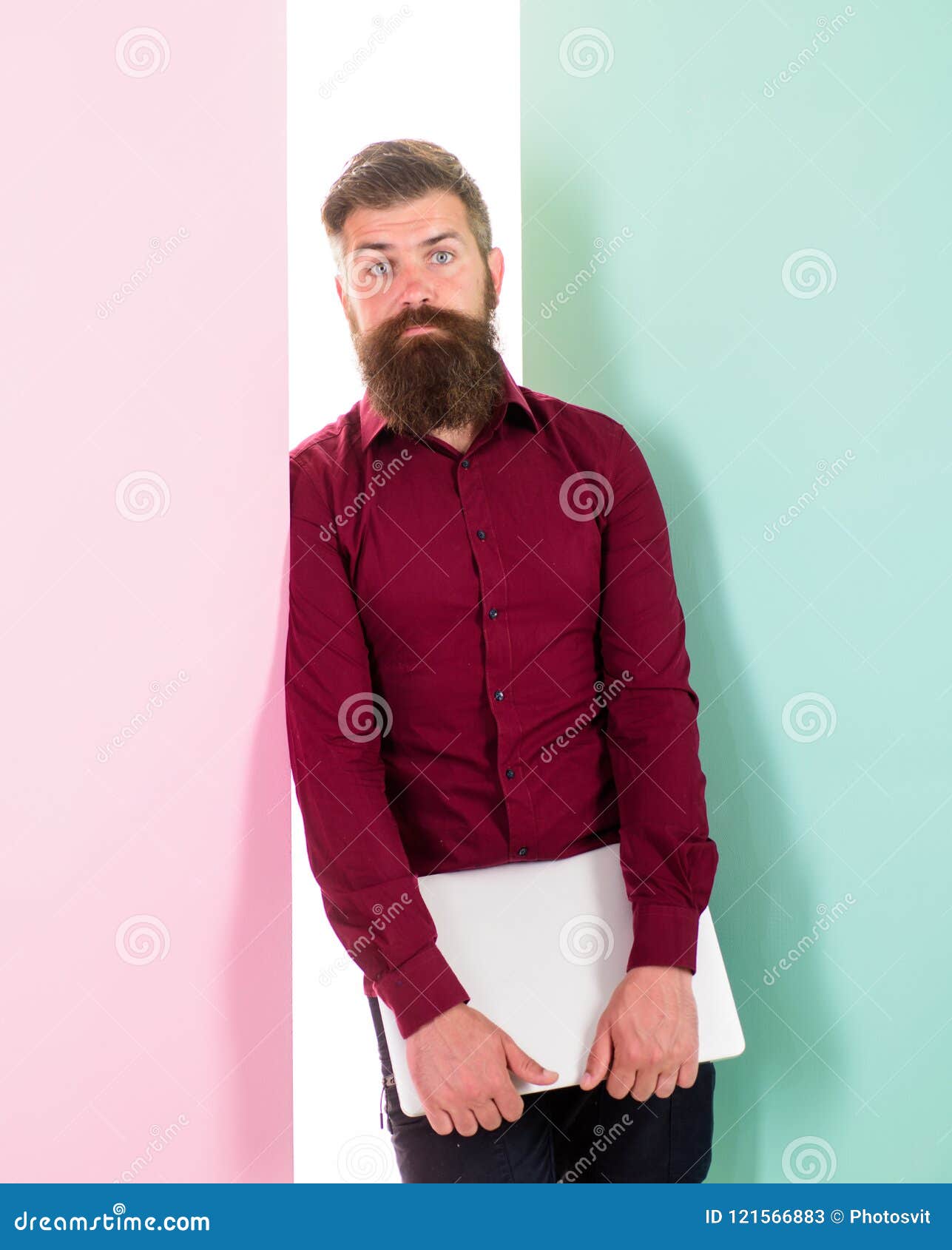 Man Bearded Hipster Worker with Laptop Lean on Wall. Guy Web Developer ...