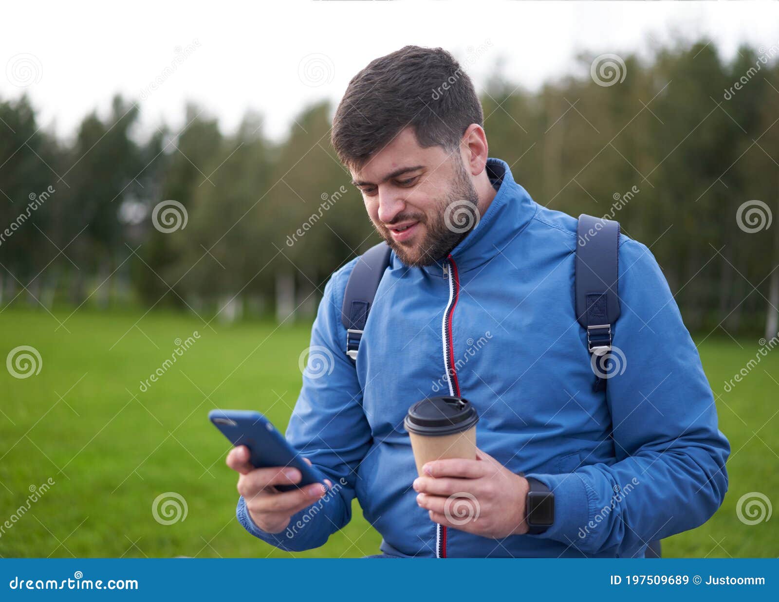 A Man Bearded Wanderer Walking with a Navigation App. Route for ...
