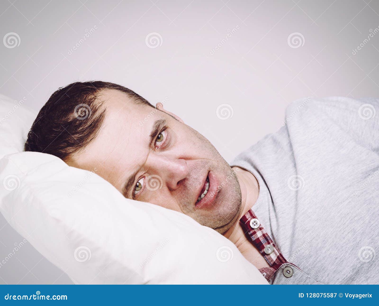 Man in Bed Dealing with Insomnia Stock Image - Image of thinking ...