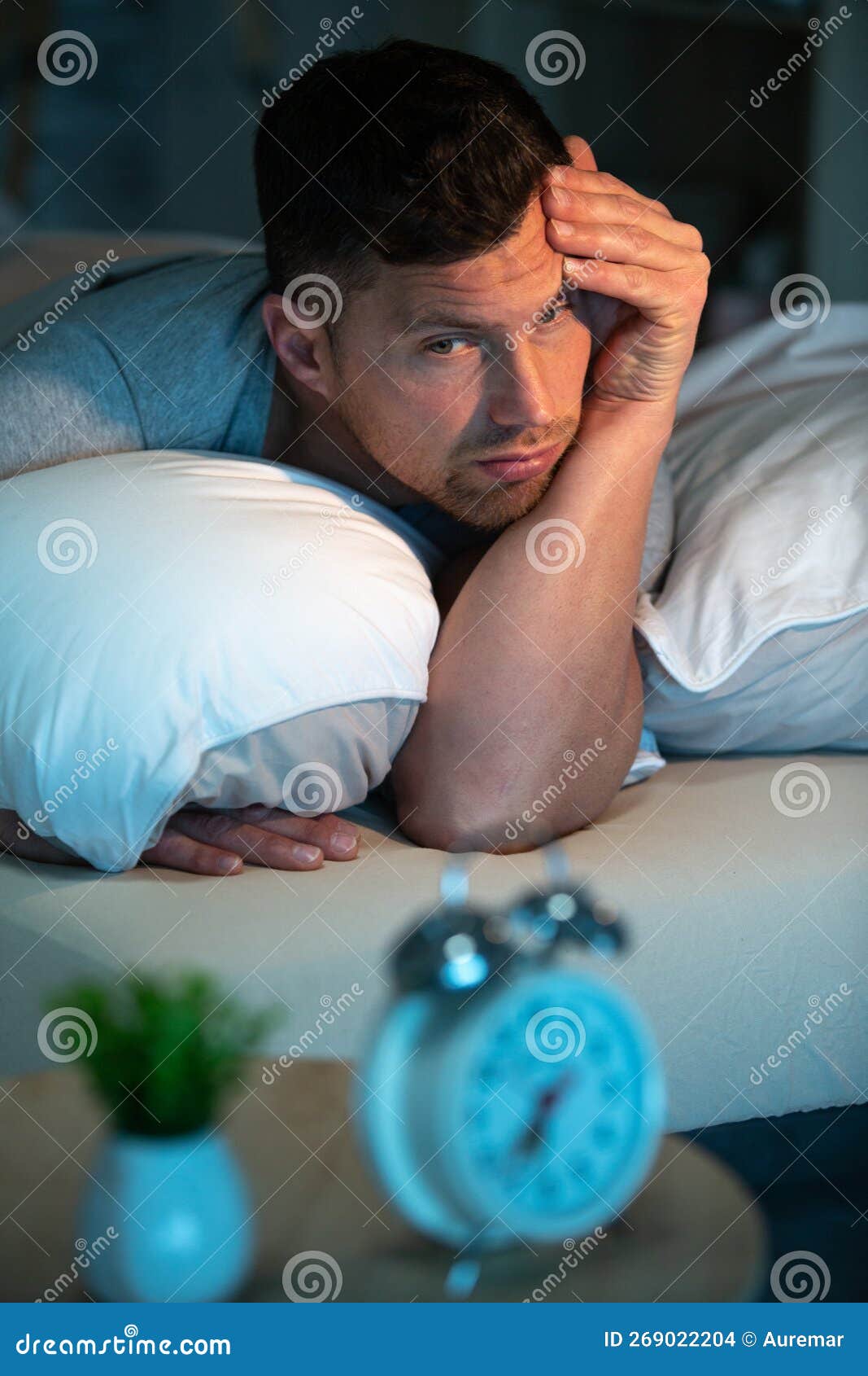 Man in Bed Suffering Insomnia at Night Stock Photo - Image of lamp ...
