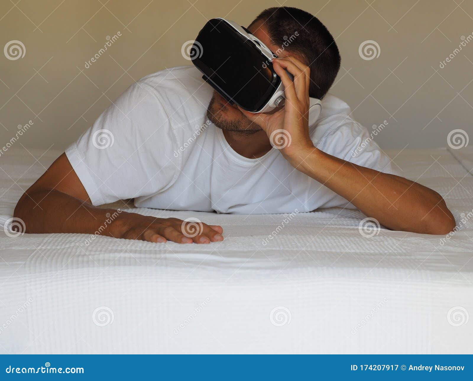 Man in Bed Using a VR Headset. Stock Image - Image of playing, gadget ...