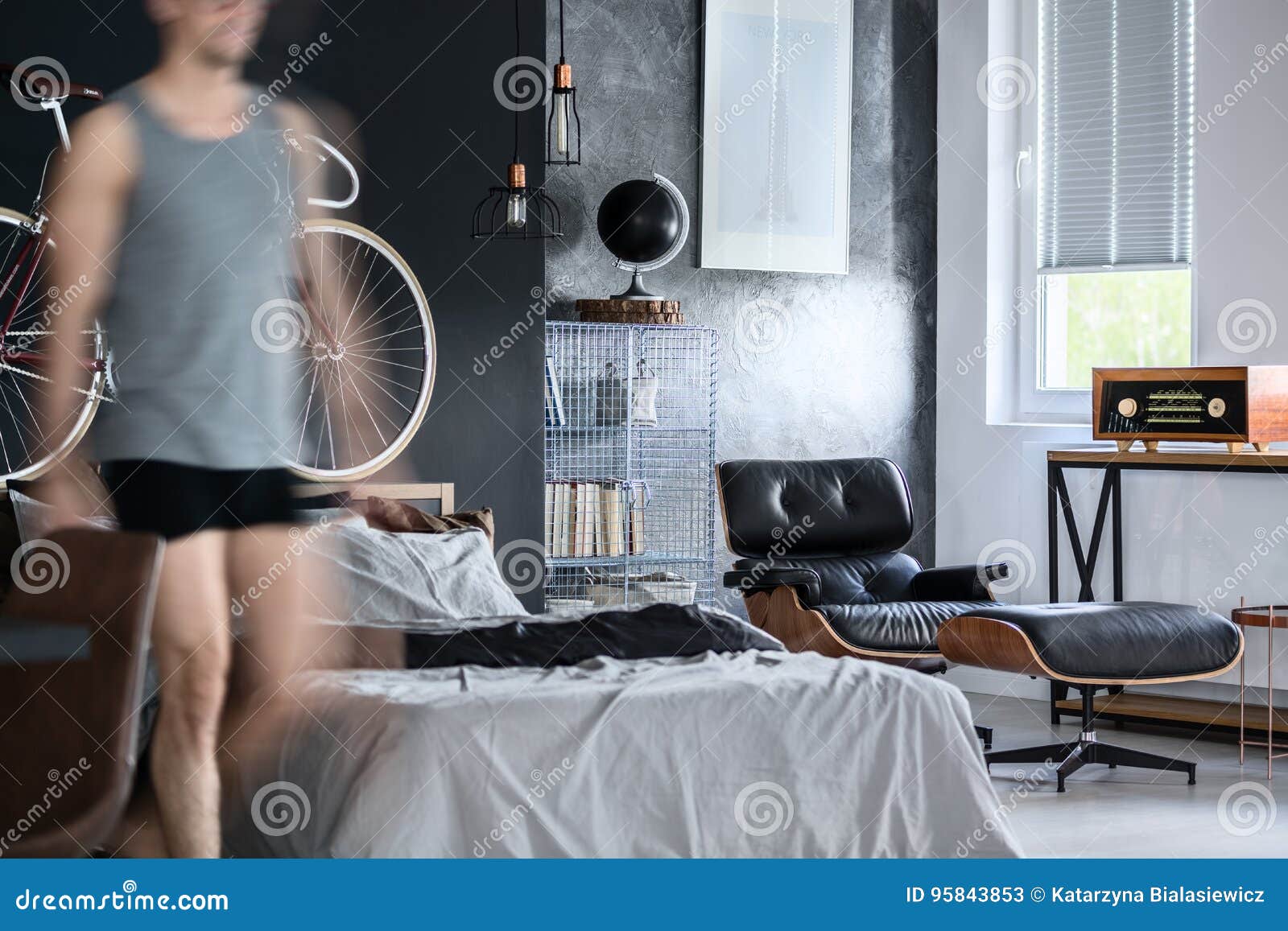 Man in a bedroom stock image. Image of bedding, interior - 95843853