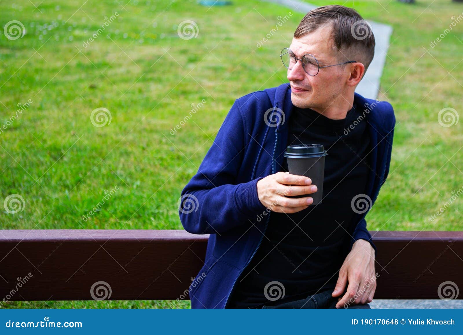 Man on Bench is Drinking Coffee in Summer Park Stock Photo - Image of ...