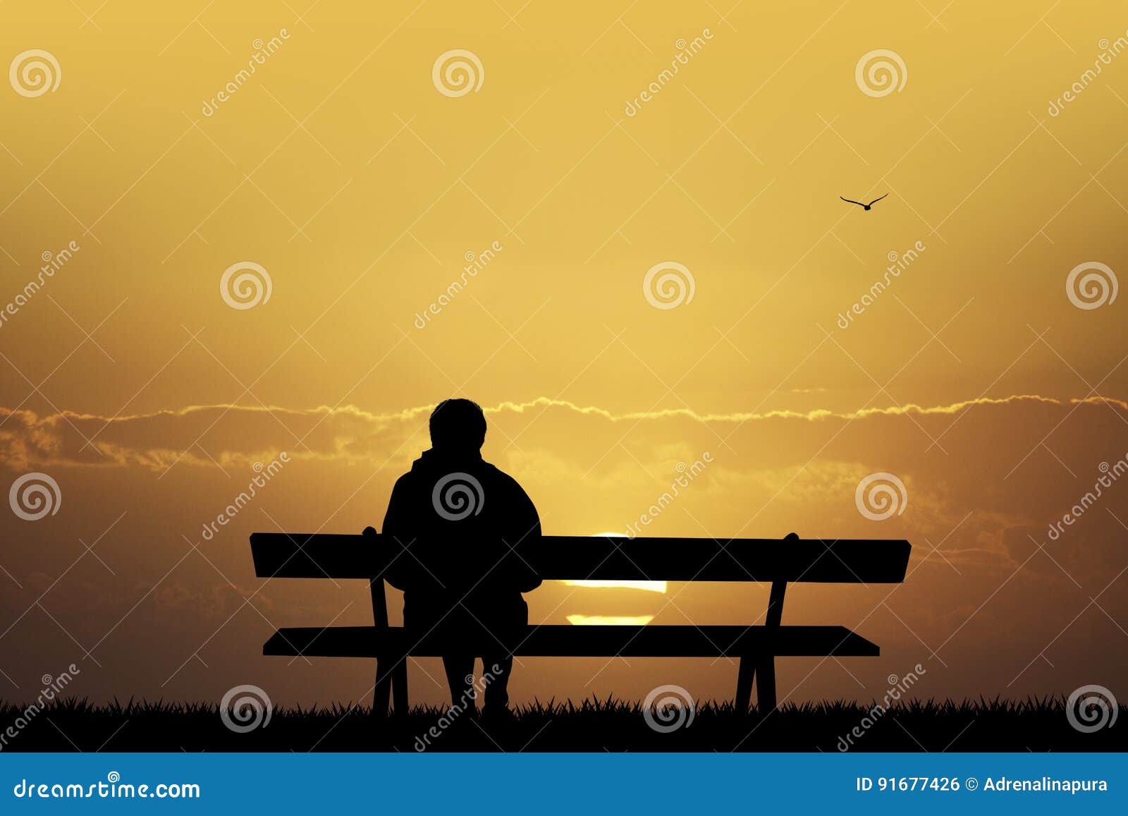 Man on Bench Looking the Sunset Stock Illustration - Illustration of ...