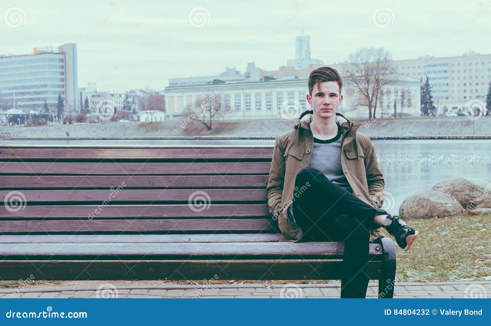 Man on the Bench stock photo. Image of hipster, casual - 84804232