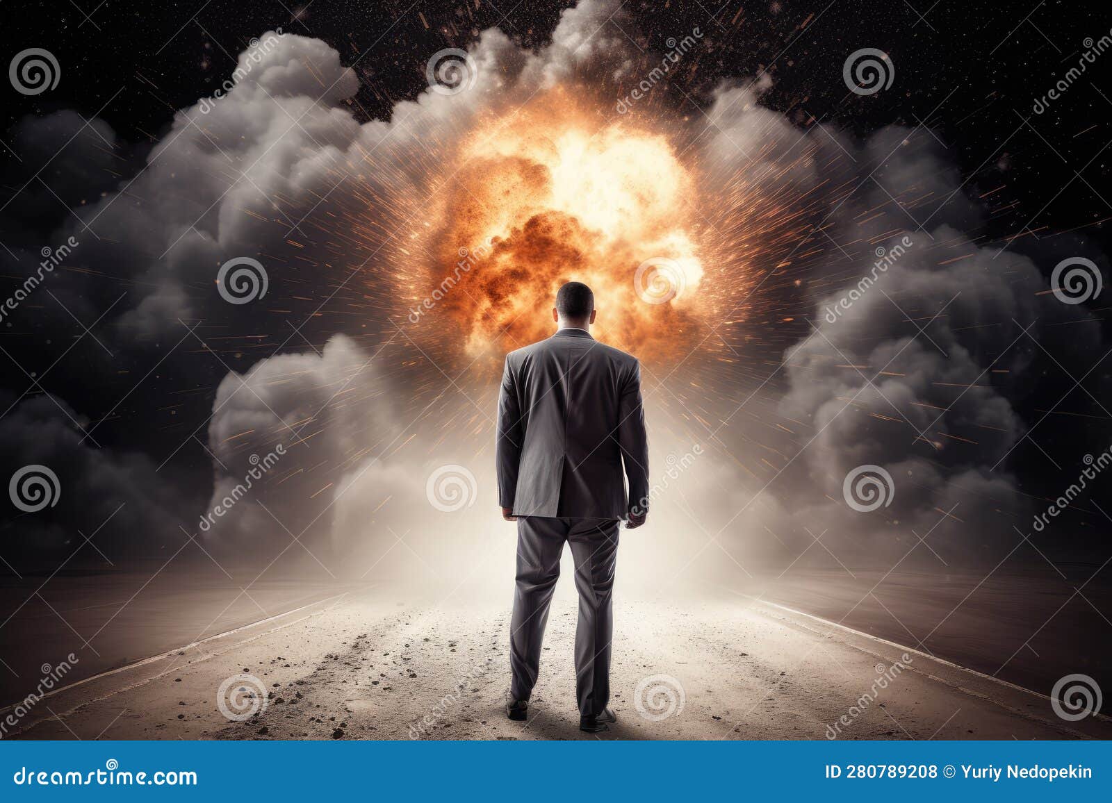 Man and Big Explosion. Generative AI Stock Illustration - Illustration ...