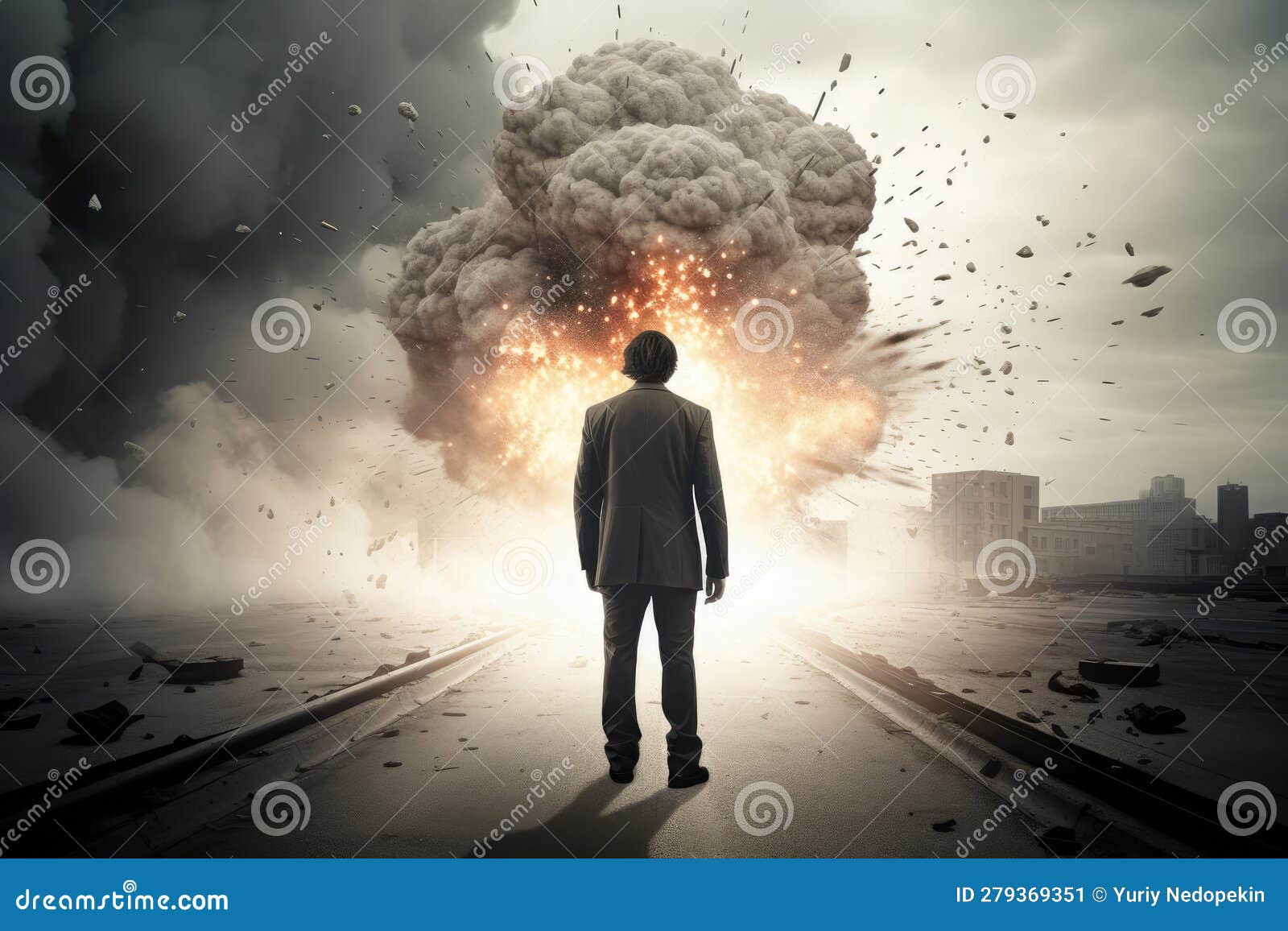 Man and Big Explosion. Generative AI Stock Illustration - Illustration ...