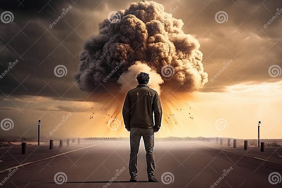 Man and Big Explosion. Generative AI Stock Illustration - Illustration ...