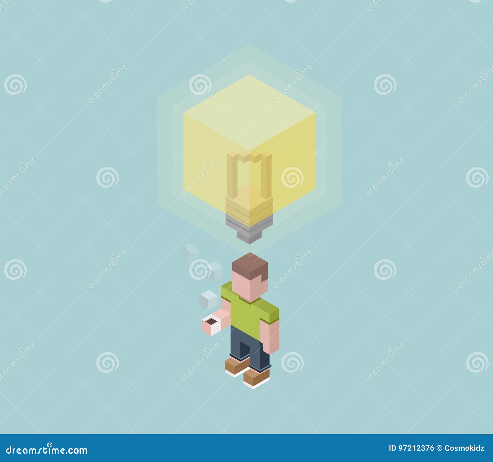 Man with Big Idea Bulb Overhead, Giant Electric Lightbulb, Cubes ...