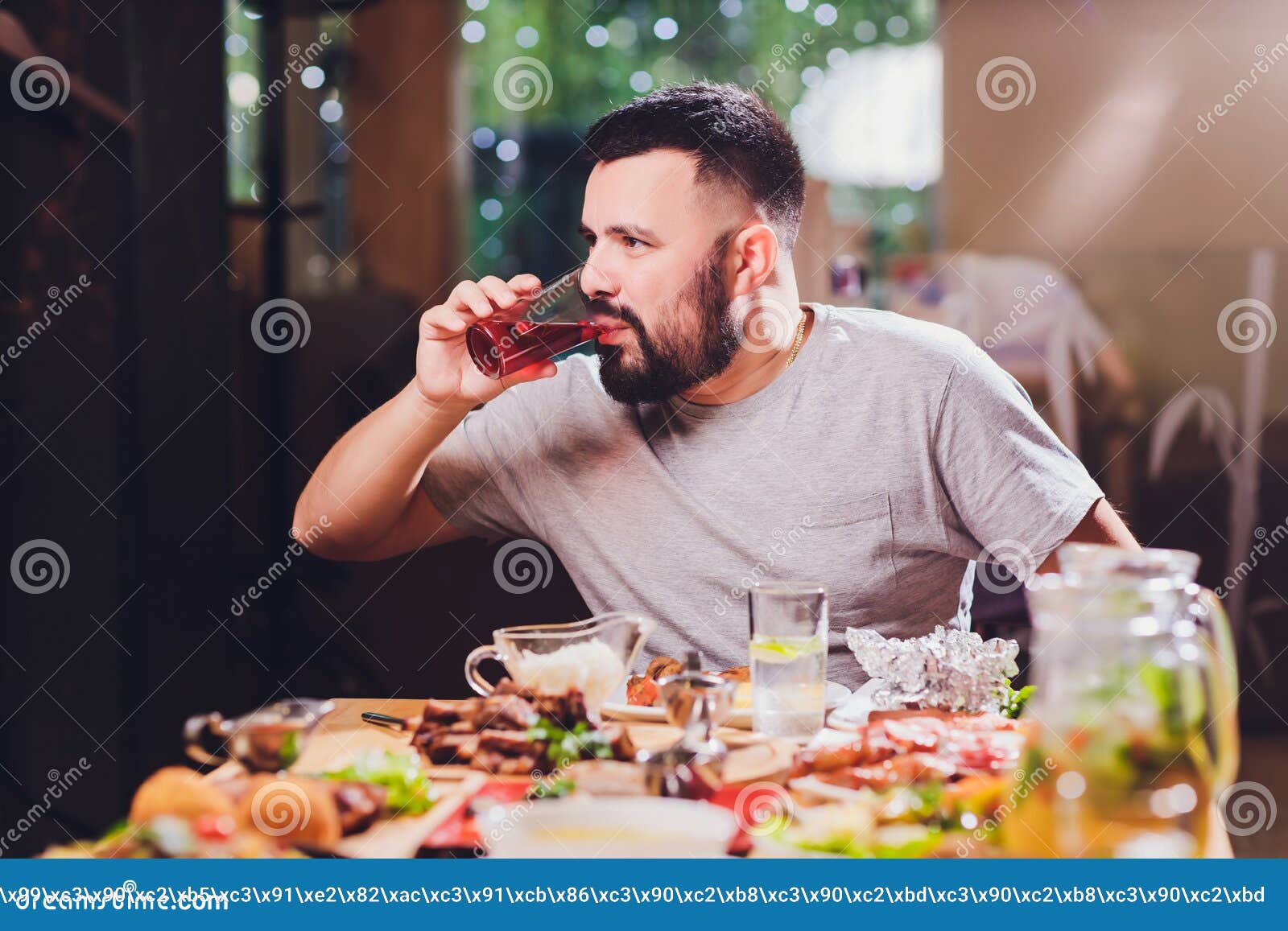 Man at the Big Table with Food. Stock Image - Image of loving, people ...