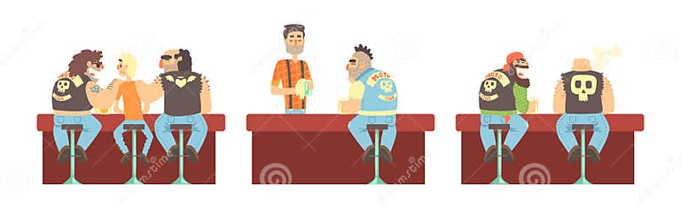 Man Biker and Moto Club Member at Bar Counter Drink Beer Vector Set ... Man Biker and Moto Club Member at Bar Counter Drink Beer Vector Set ...