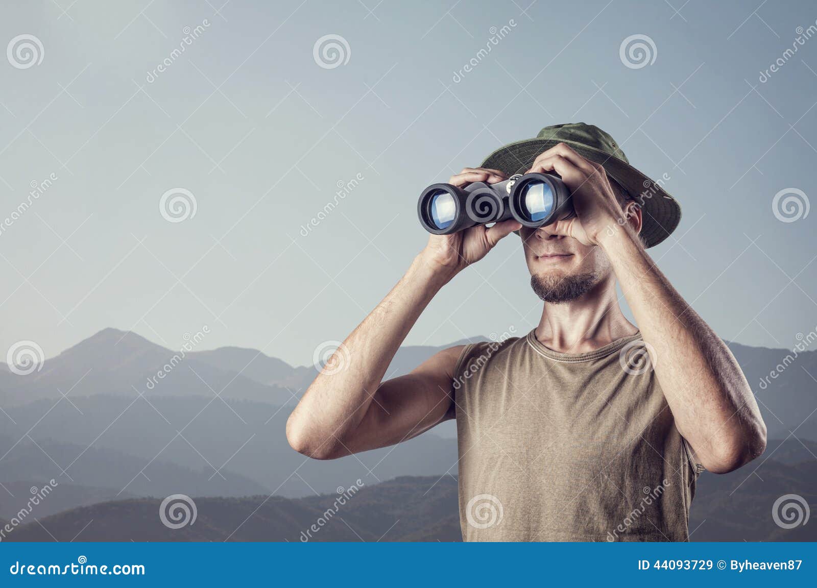 Man with Binocular in the Mountains Stock Image - Image of reflection ...
