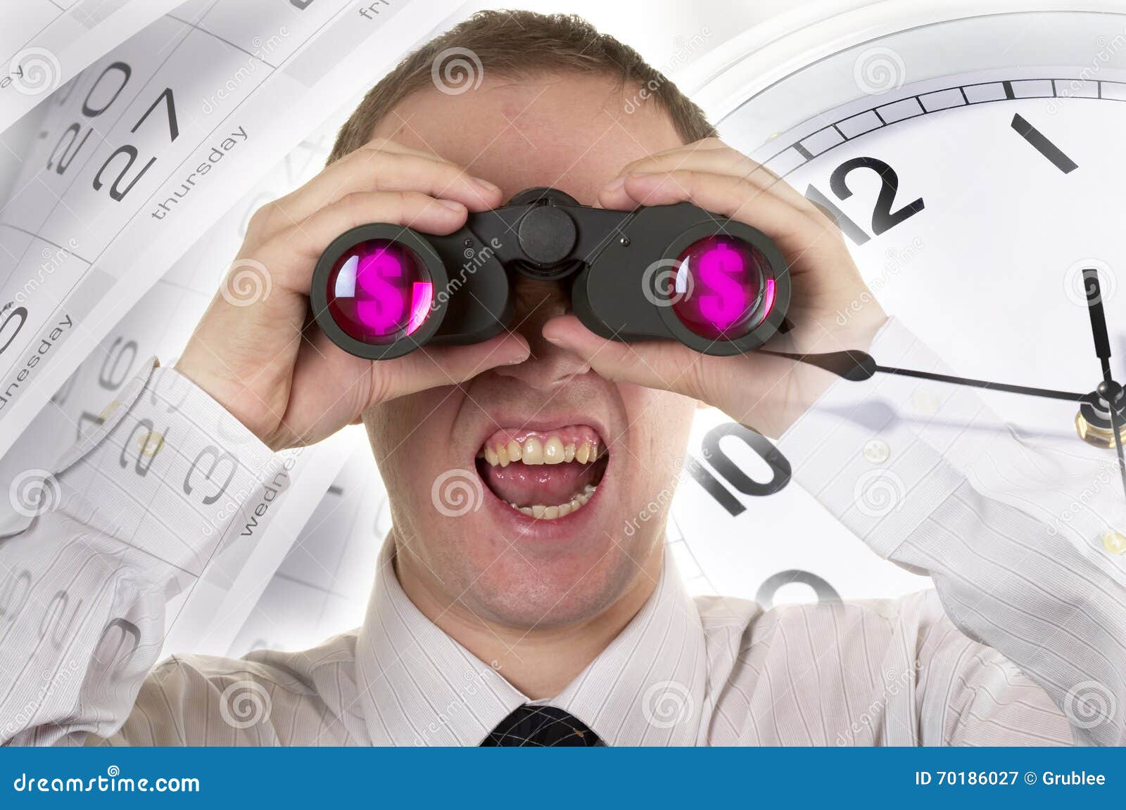 Man with Binoculars Observing and Clocks with Calendar Stock Image ...