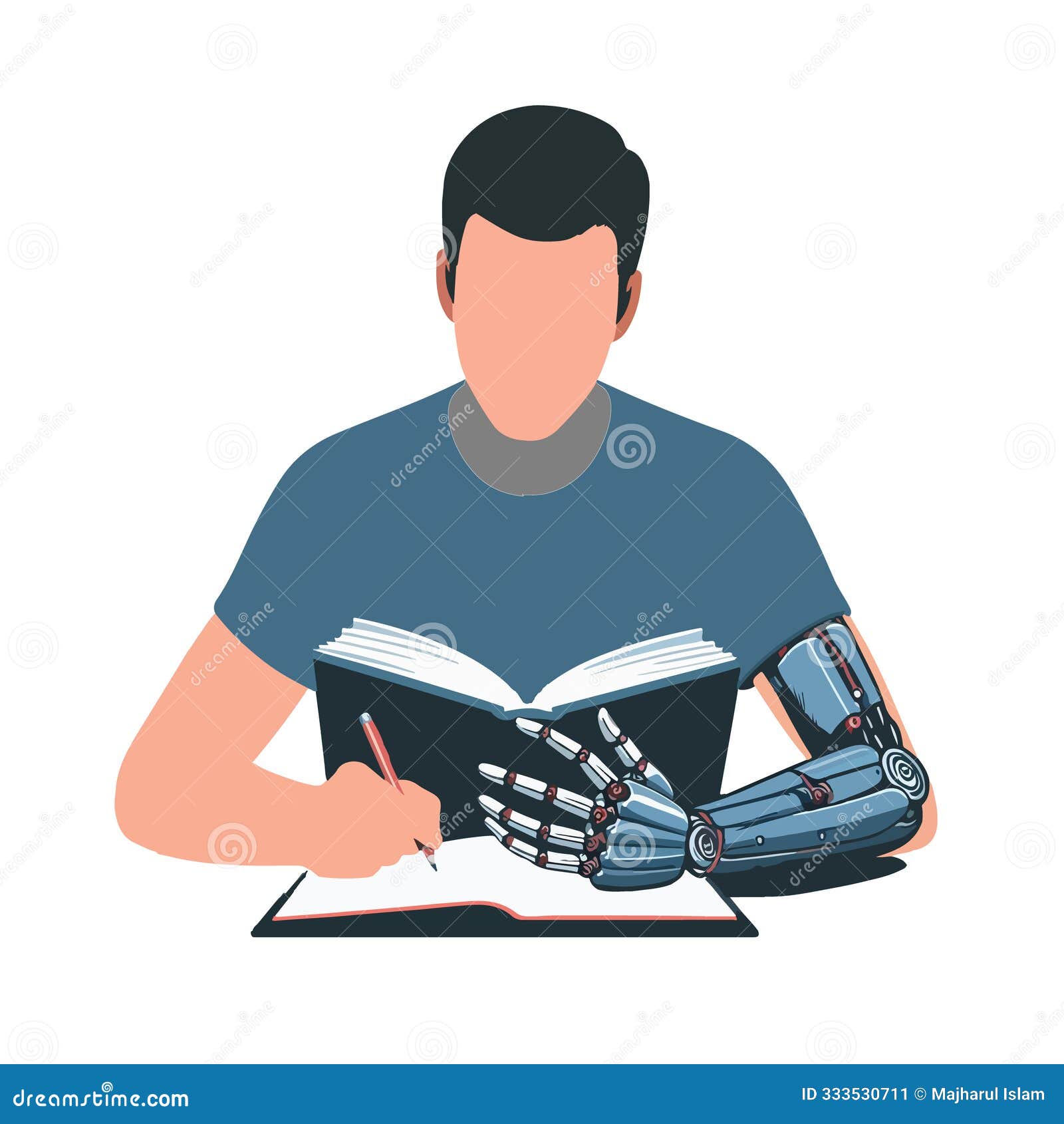 A Man with Bionic Hand Write a Book Flat Design 3d Vector Illustration ...