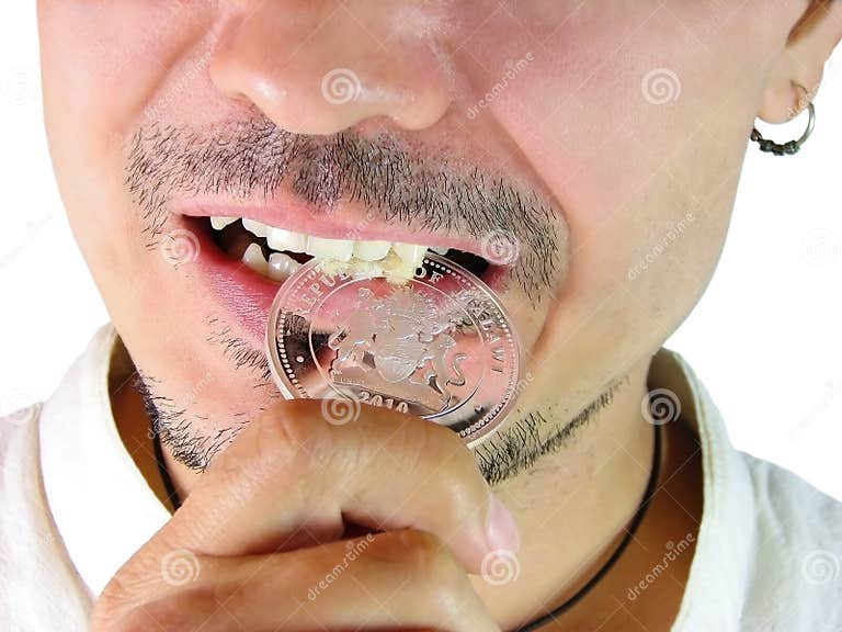Man Biting a Coin To Verify Its Authenticity Stock Image - Image of ...