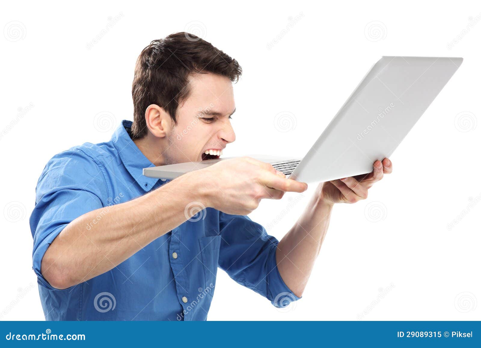 Man Biting a Laptop in Frustration Stock Image - Image of white ...