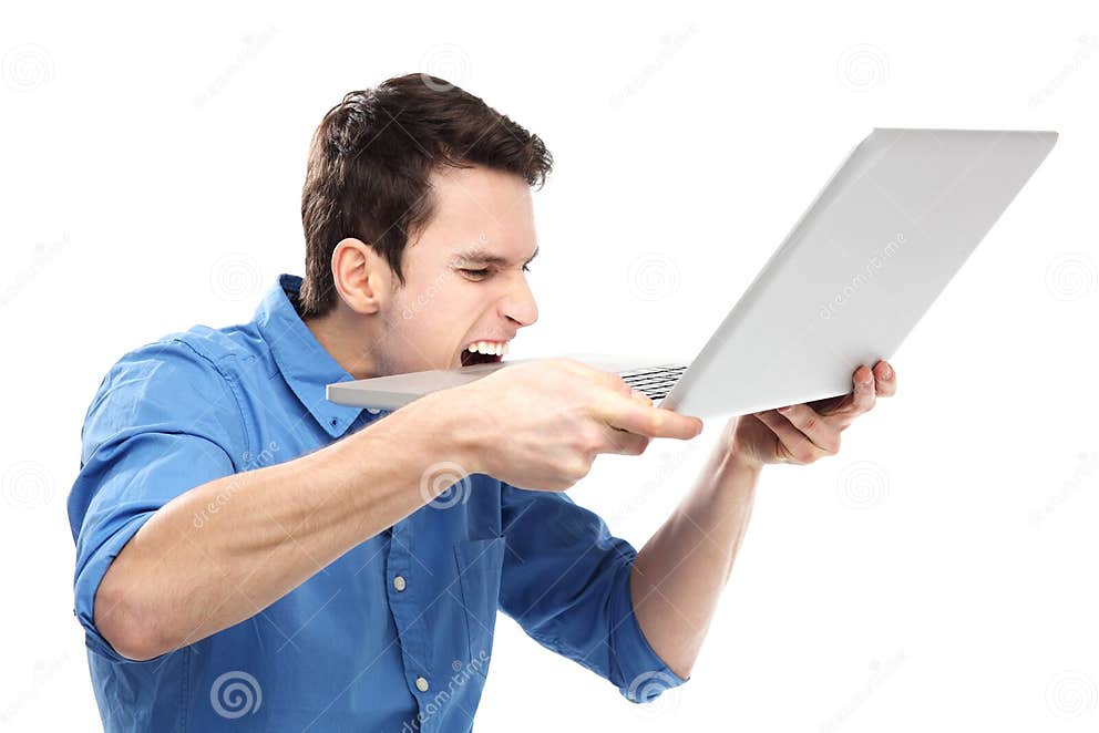 Man Biting a Laptop in Frustration Stock Image - Image of white ...