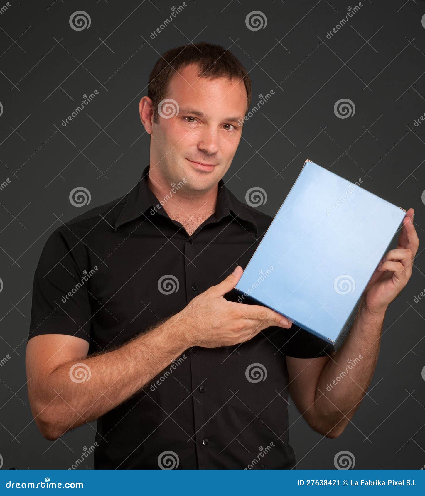 Man in Black with Blank Box Stock Image - Image of person, cheerful ...