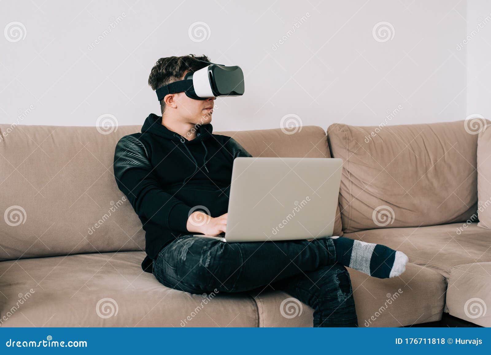 The Man with Glasses of Virtual Reality Sitting on Couch while Working ...