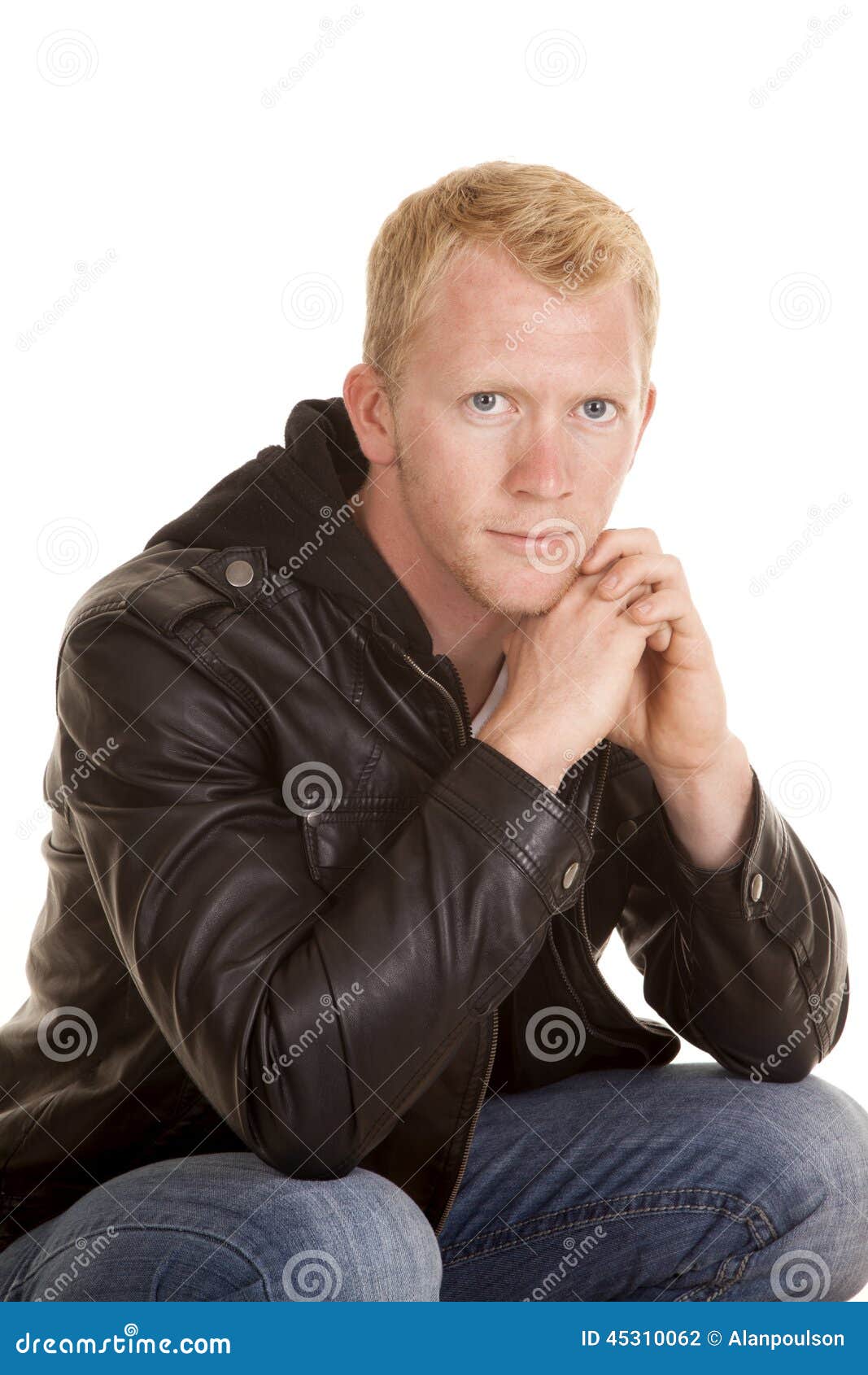 Man in Black Jacket Looking Elbows on Knees Stock Photo - Image of calm ...