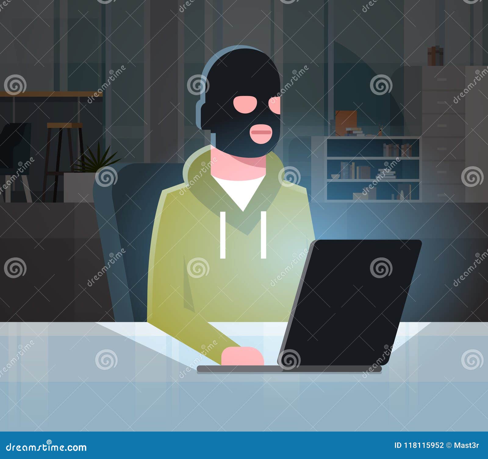 Man Black Mask Sitting at Computer Hacker Activity Concept Viruses Data ...
