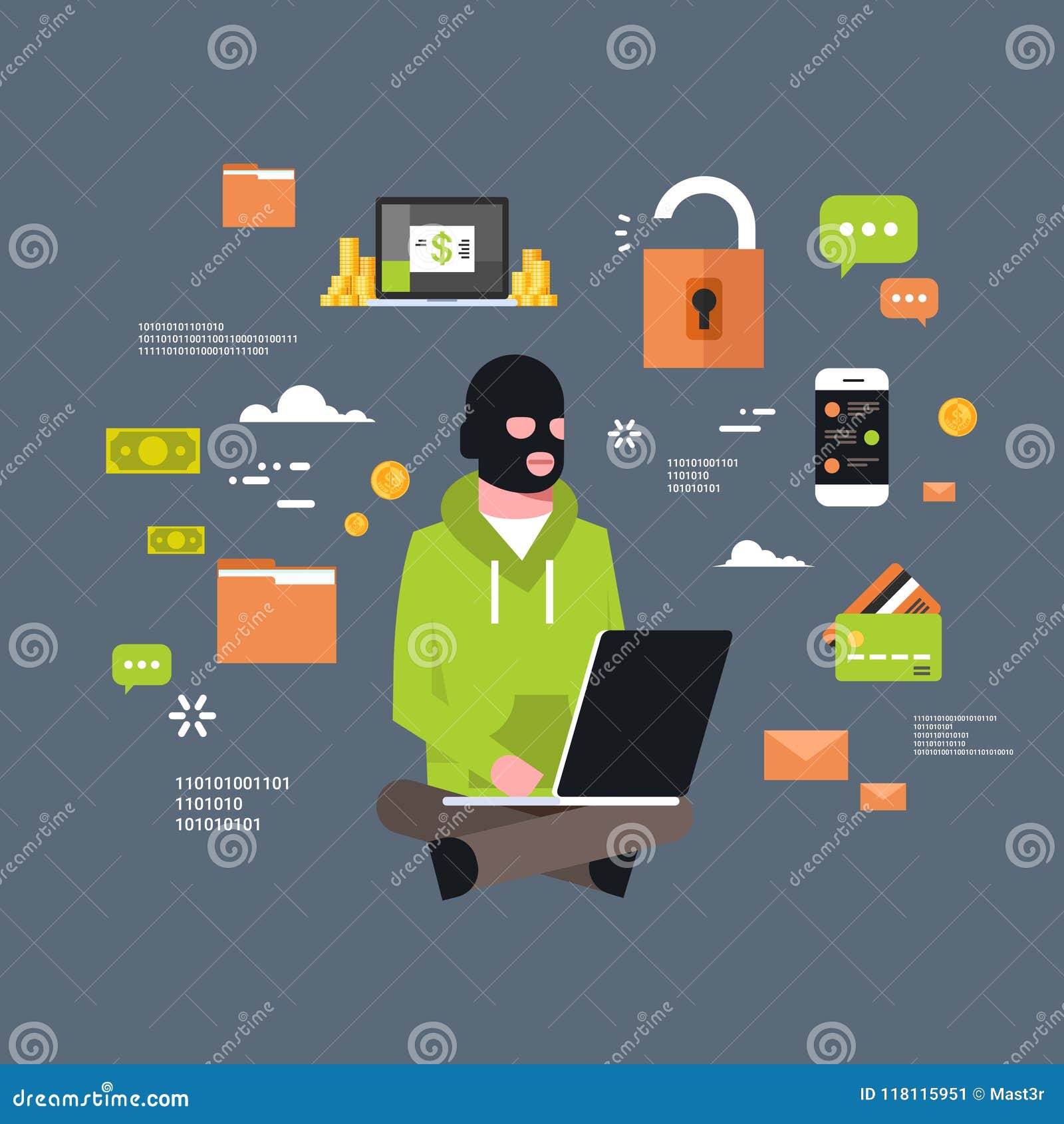 Man Black Mask Sitting at Computer Hacker Activity Concept Viruses Data ...