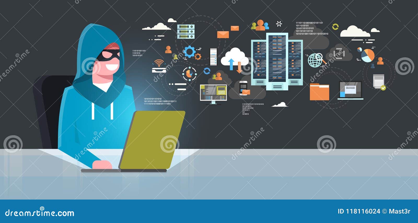 Man Black Mask Sitting at Computer Hacker Activity Concept Viruses Data ...