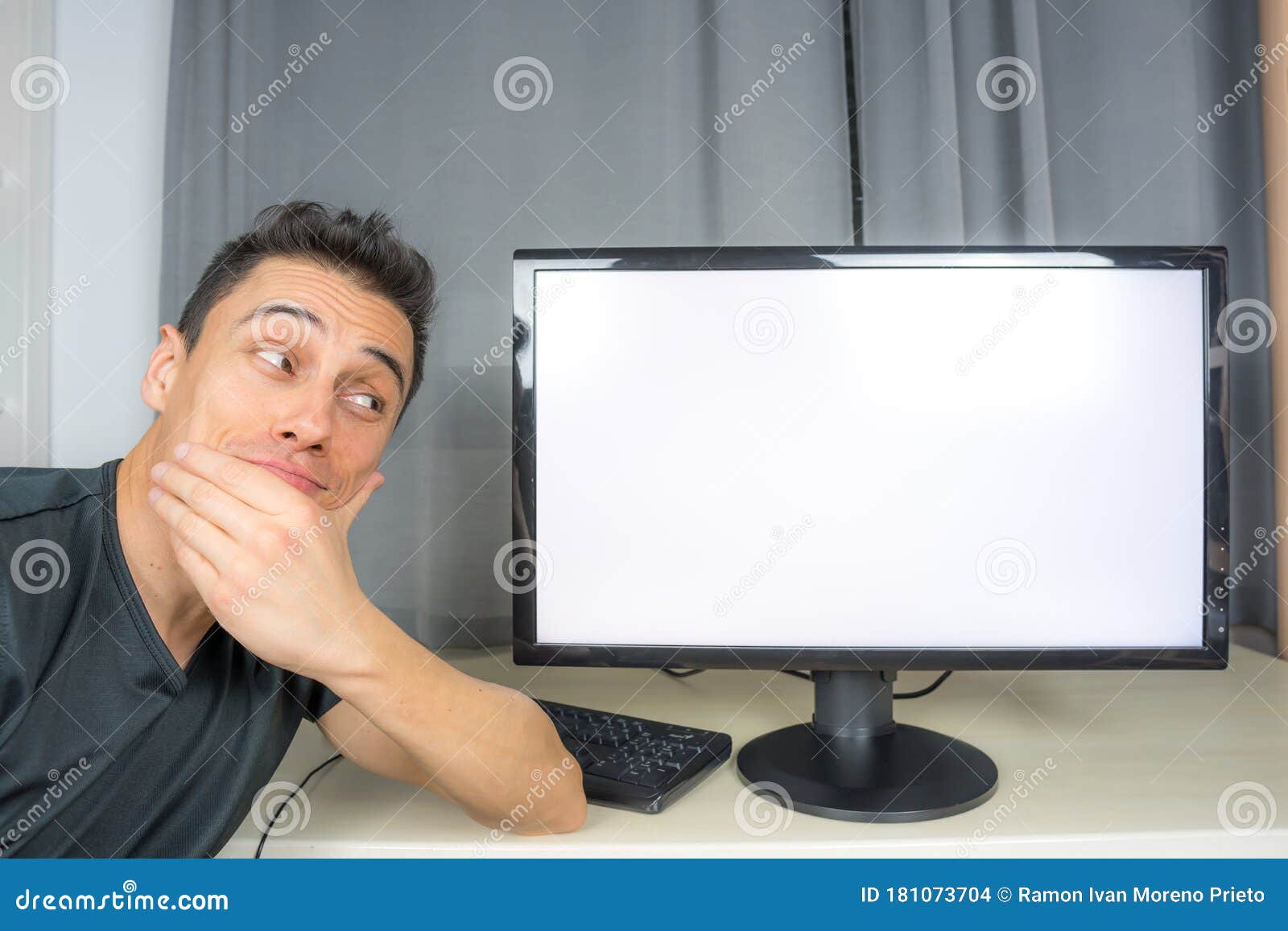 Man Pointing at a Computer Screen Stock Photo - Image of show, husband ...