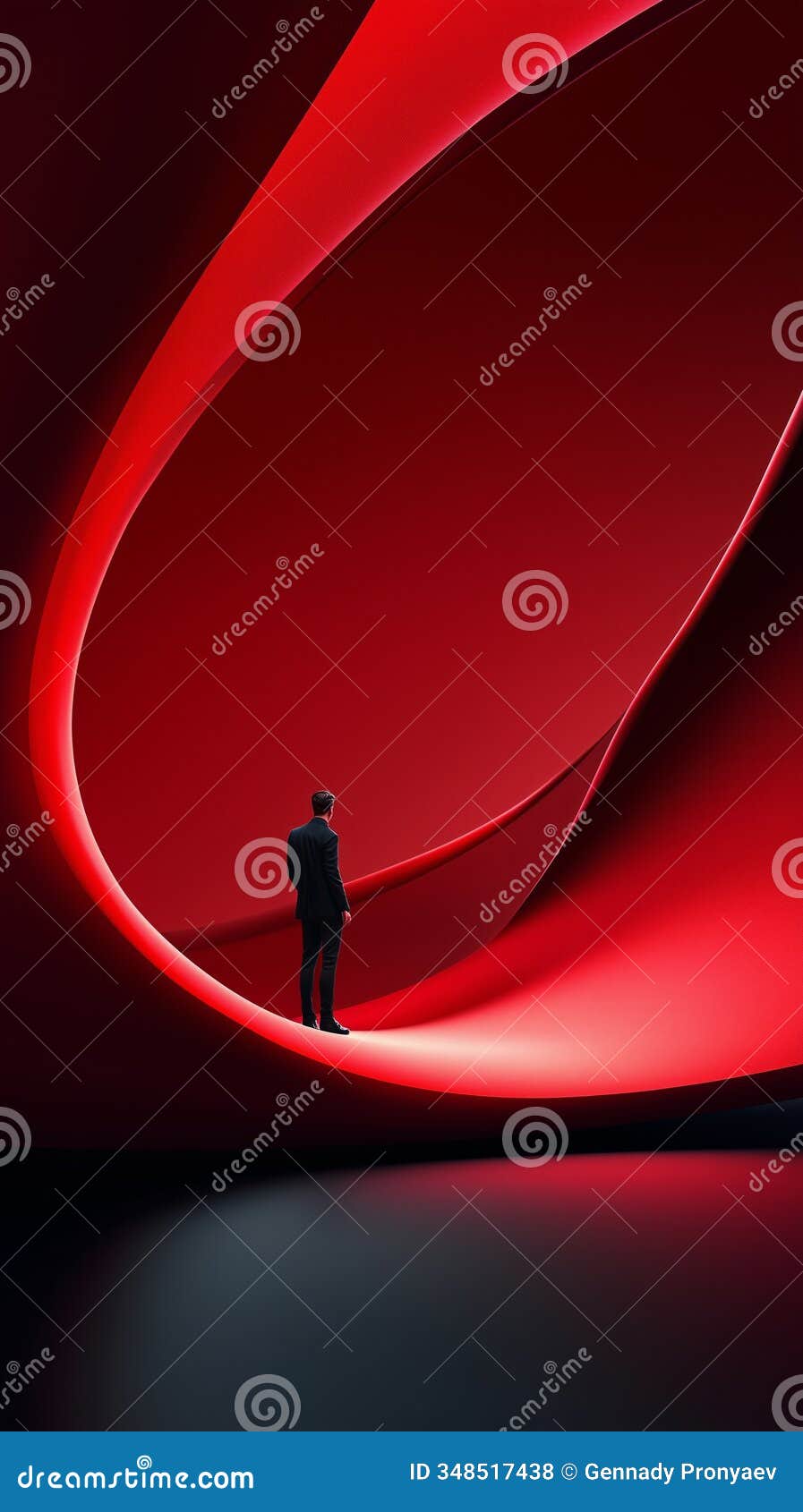 Man in Black Suit Exploring Abstract Red Curved Architecture Stock ...