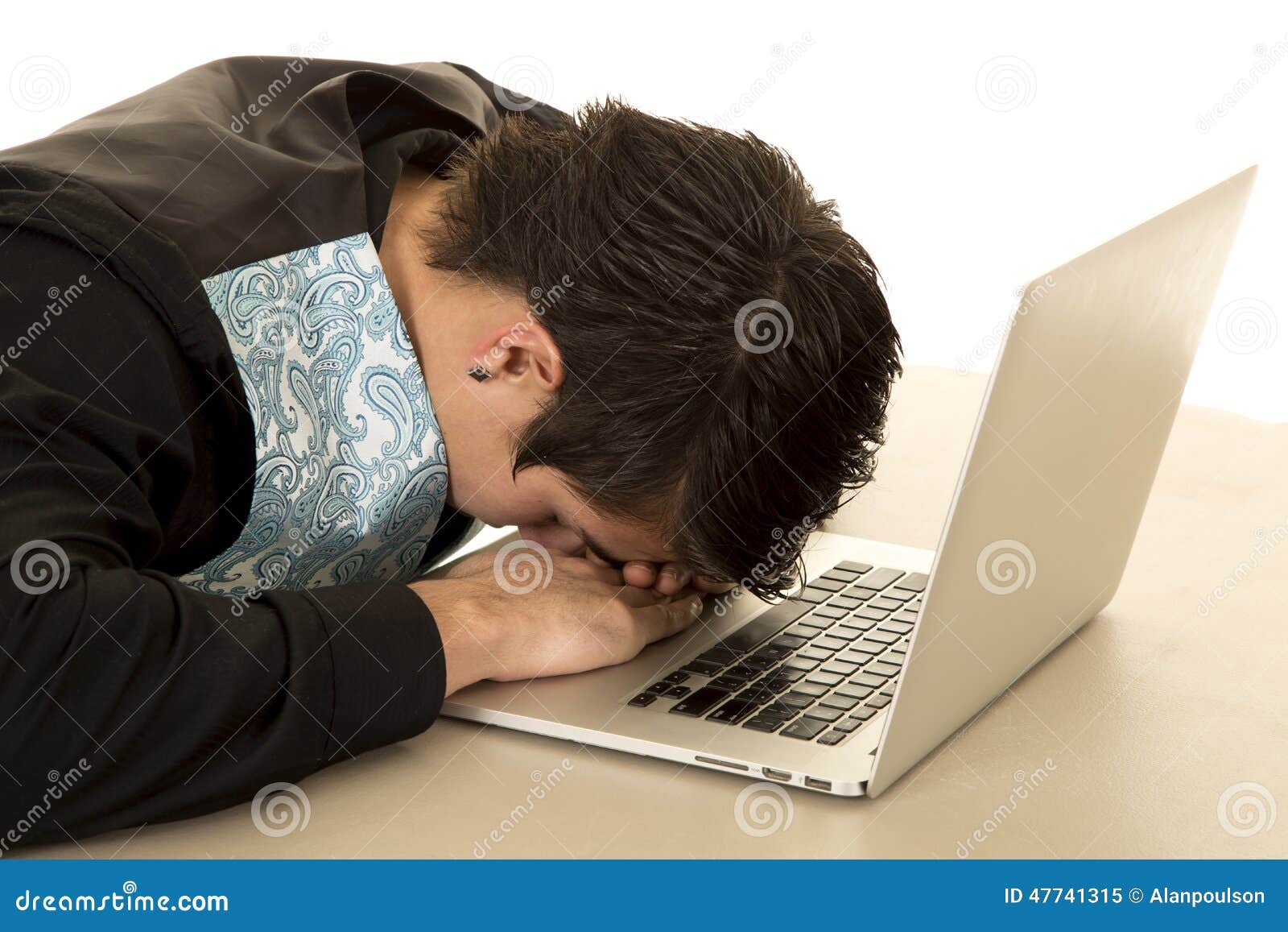 Man in Black Suit Head Down on Laptop Stock Image - Image of face ...