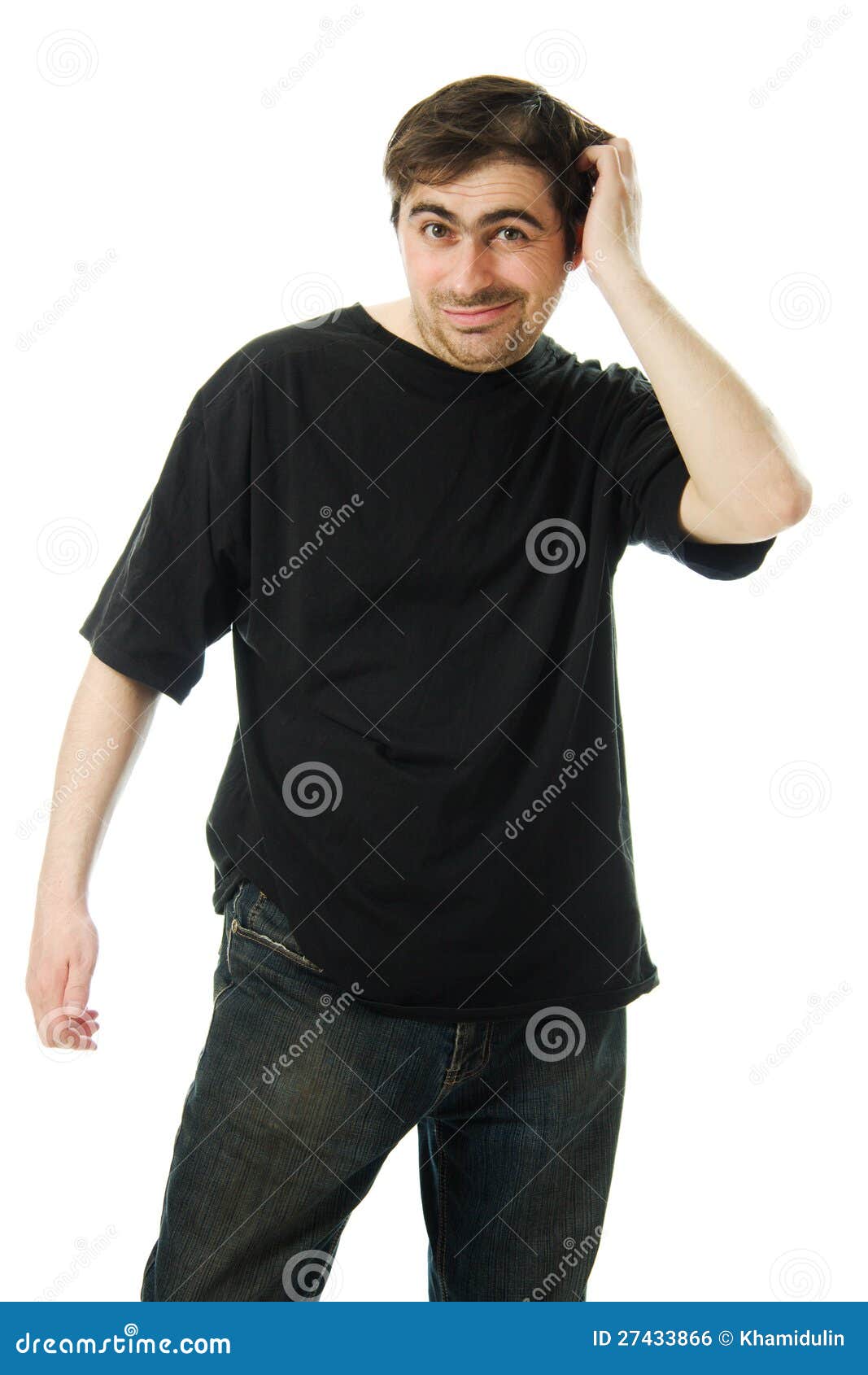 Man in a Black T-shirt Scratches His Head. Stock Photo - Image of ...