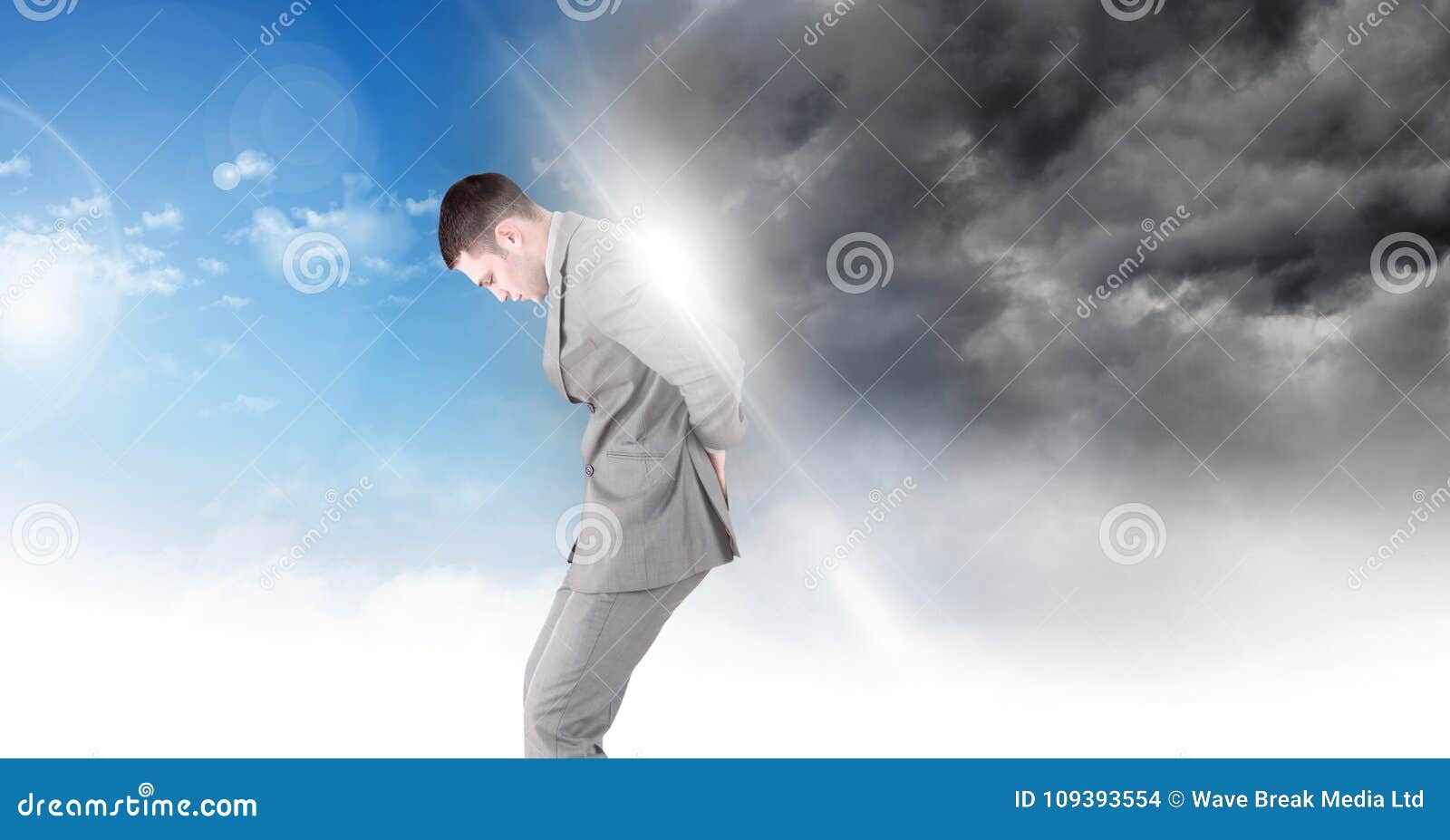 Man Blocking Grey Sky and Blue Sky Weather Change Surreal Transition ...