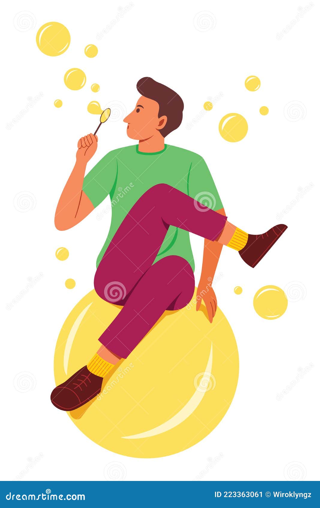 Man Blowing Bubbles while Sit on Big Bubble. Stock Vector ...