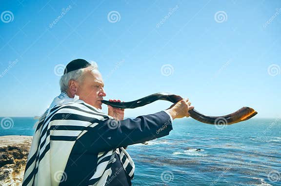 Man Blowing Shofar, High Holidays Stock Photo - Image of traditional ...
