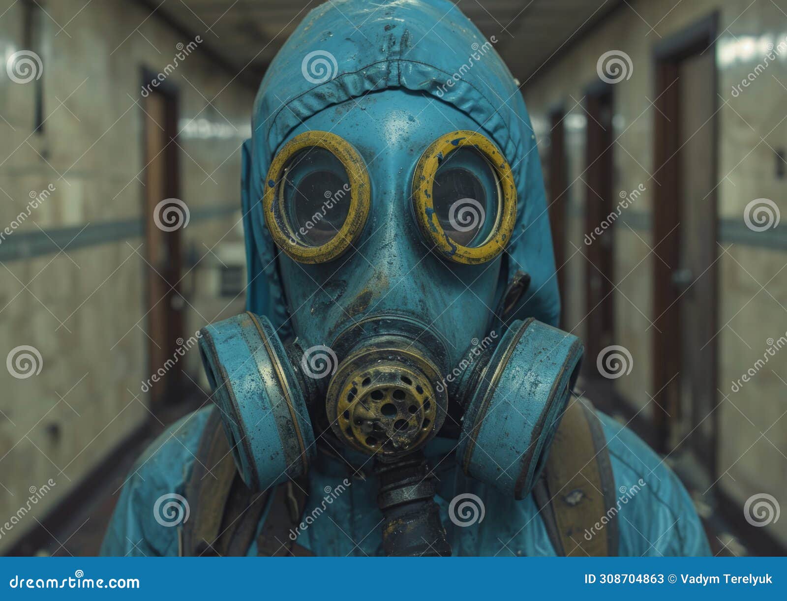 A Man in the Blue Gas Mask is Standing in a Hallway. Stock Image ...
