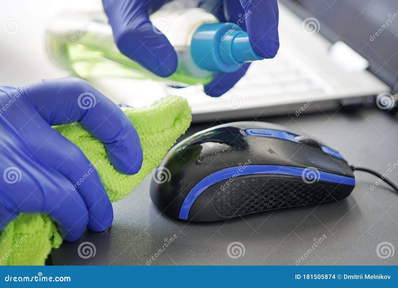 A Man in Blue Gloves Wipes Dirty Mouse with a Rag. Cleaning Computer ...