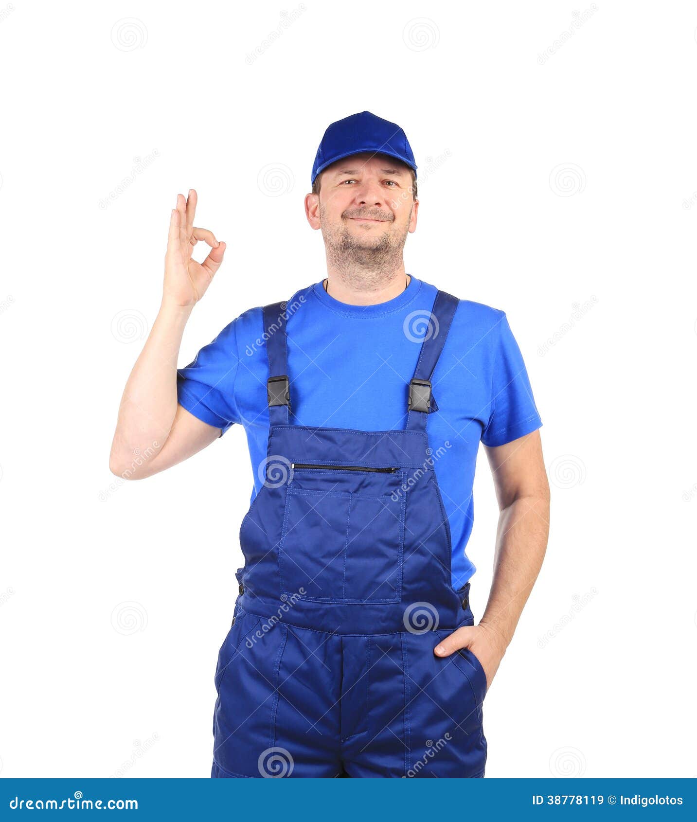 Man in blue overalls stock image. Image of helmet, human - 38778119