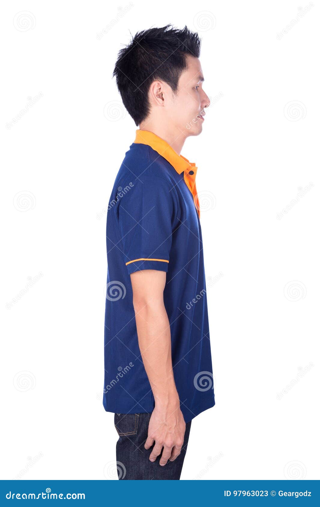 Man In Blue Polo Shirt Isolated On White Background Side View Stock ...