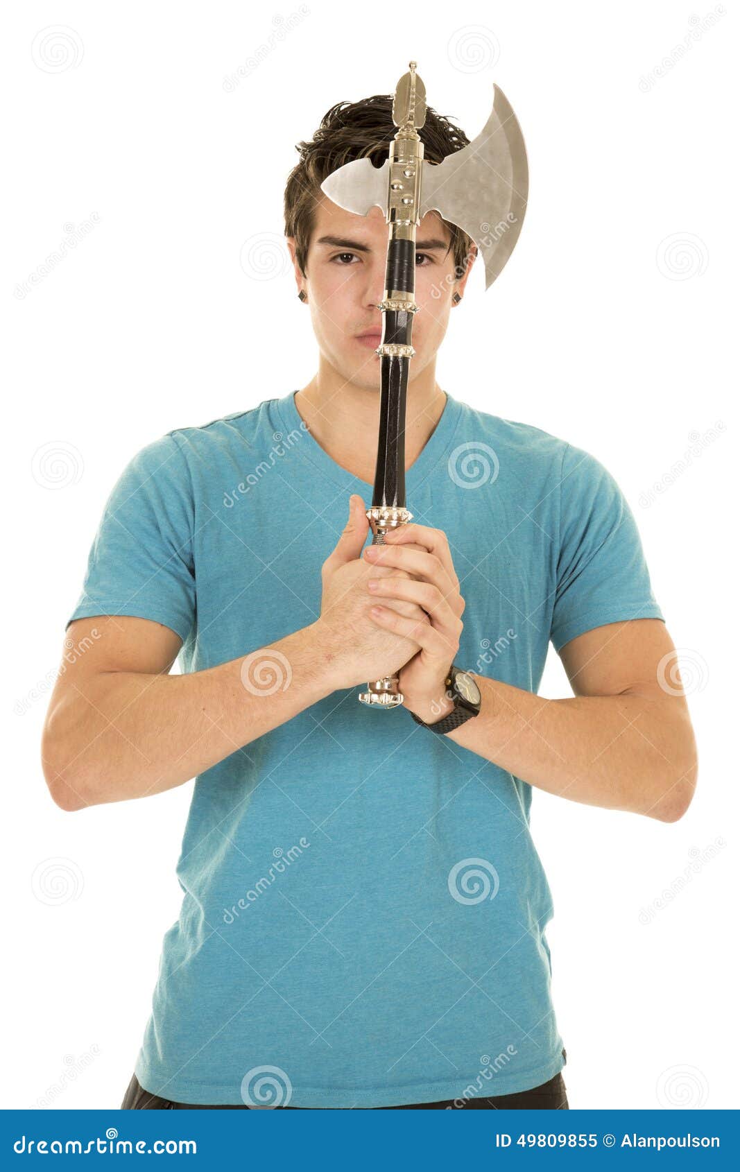 Man in Blue Shirt with Hatchet by Face Serious Stock Image - Image of ...