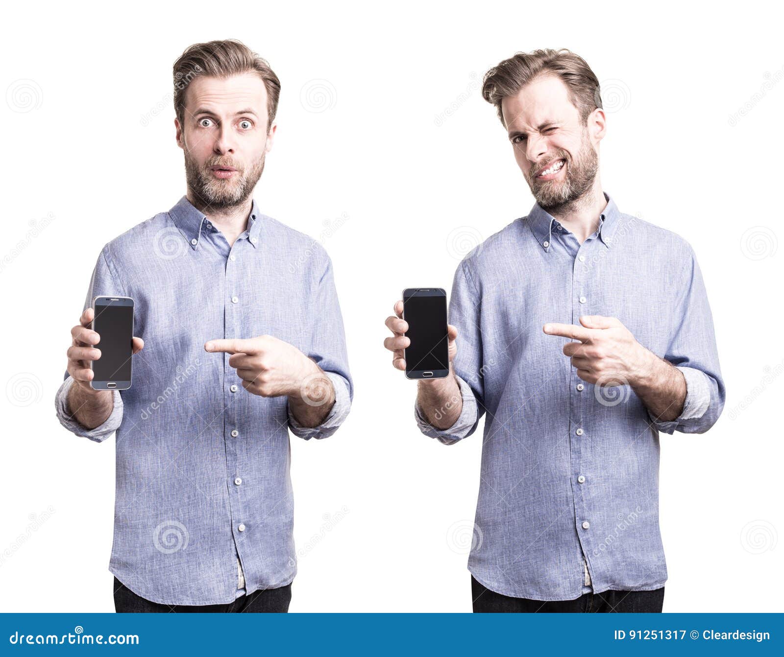 Man In Blue Shirt Holding Mobile Phone Smartphone Stock Image Image
