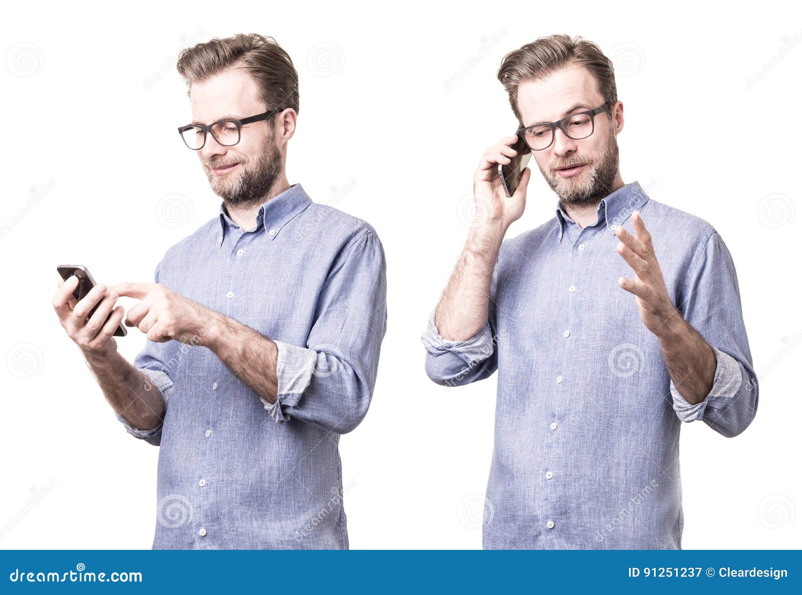 Man In Blue Shirt Holding Mobile Phone Smartphone Stock Image Image