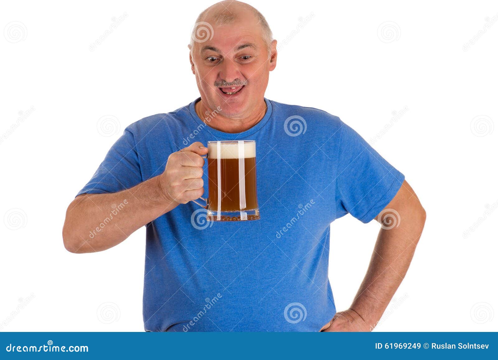 Man in a Blue Shirt with a Mug of Beer in Hand Stock Image - Image of ...