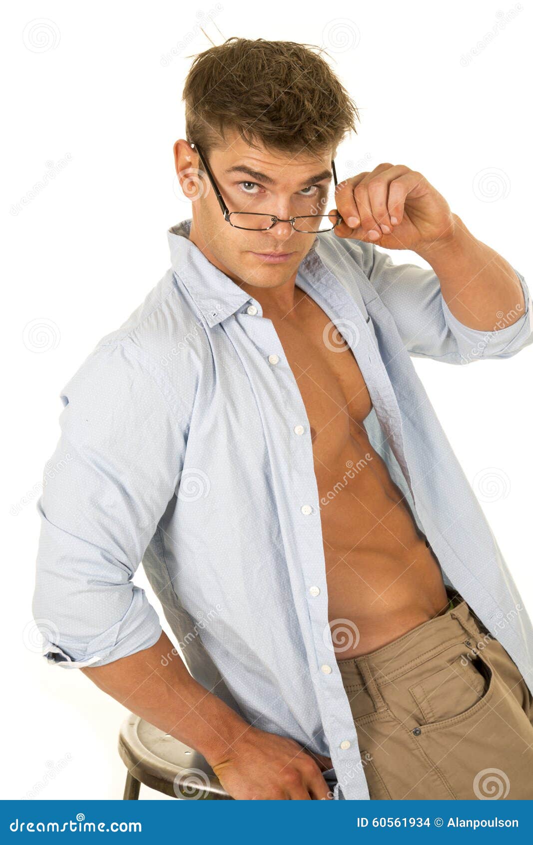 Man Blue Shirt Open Look Over Glasses Stock Photo - Image of caucasian ...