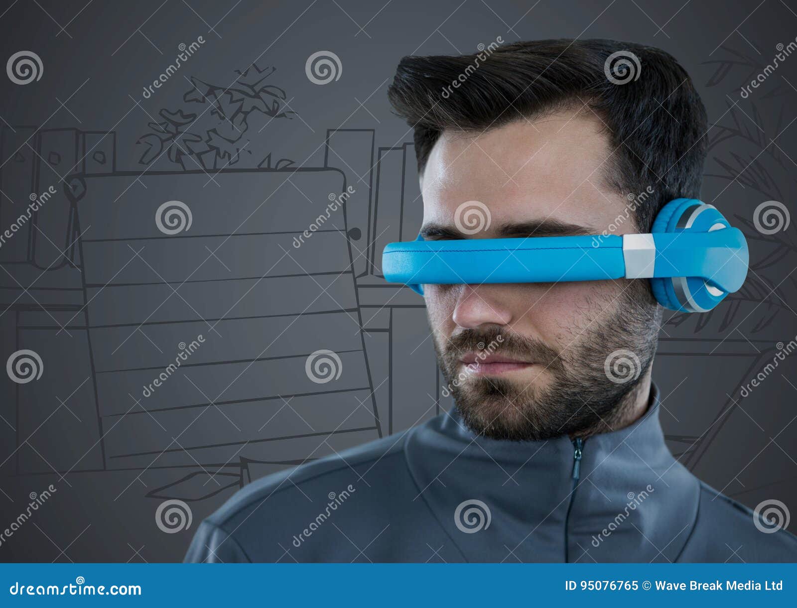 Man in Blue Virtual Reality Headset Against Grey Hand Drawn Office ...