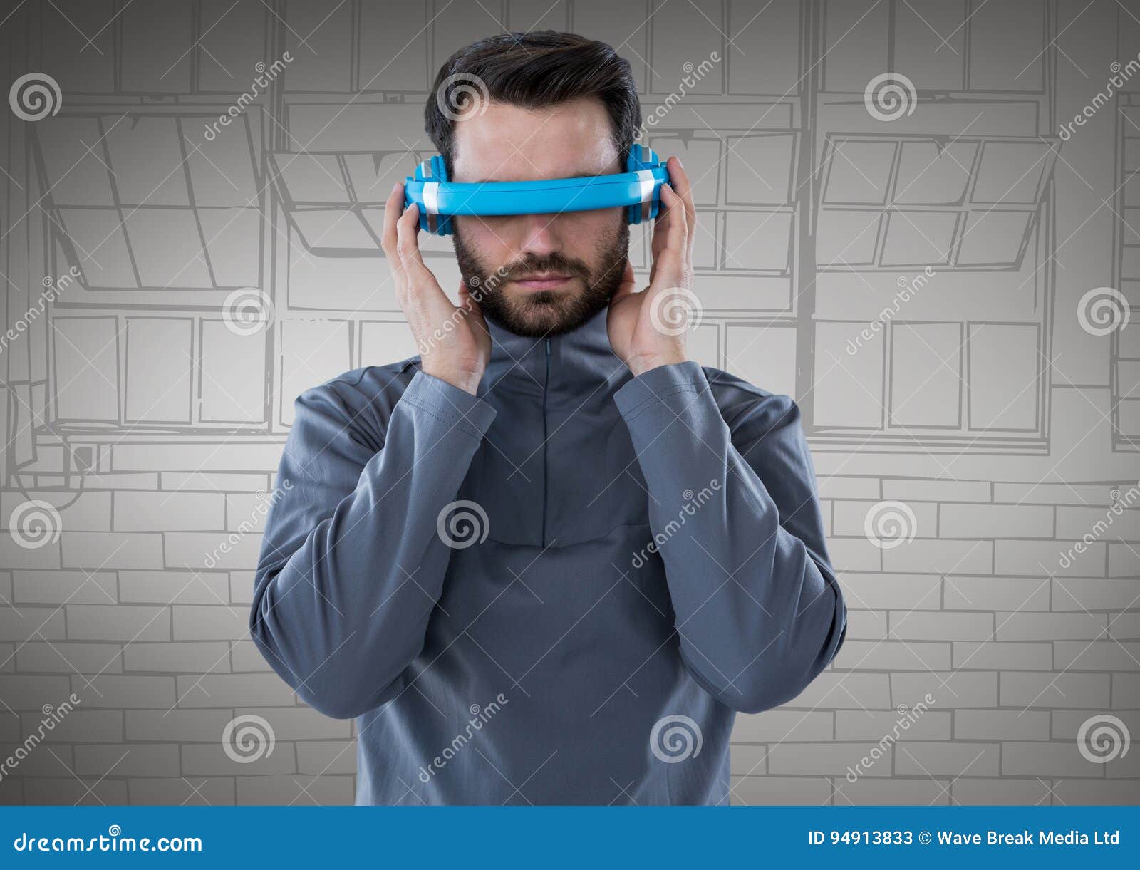 Man in Blue Virtual Reality Headset Against Grey Hand Drawn Windows ...