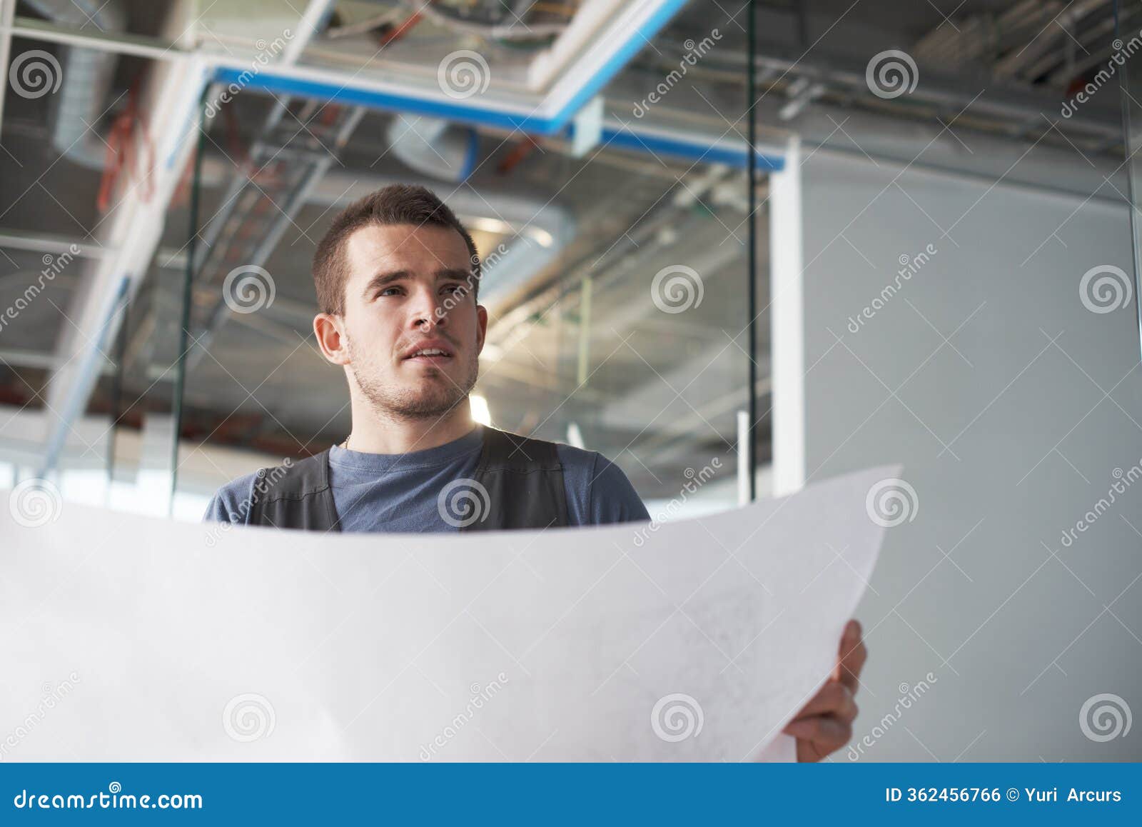 Man, Blueprint and Thinking with Construction Site, Document and Design ...