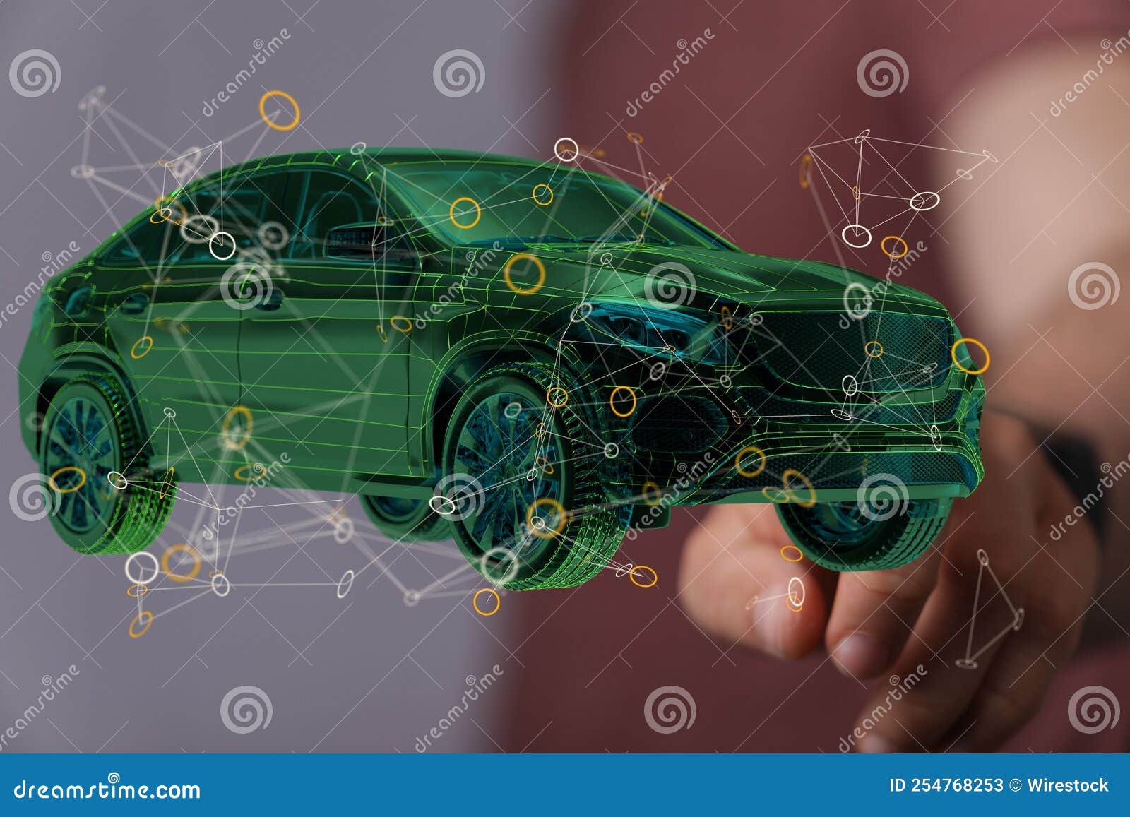 Man on Blurred Background Touching a Green Holographic 3D Rendered Car ...