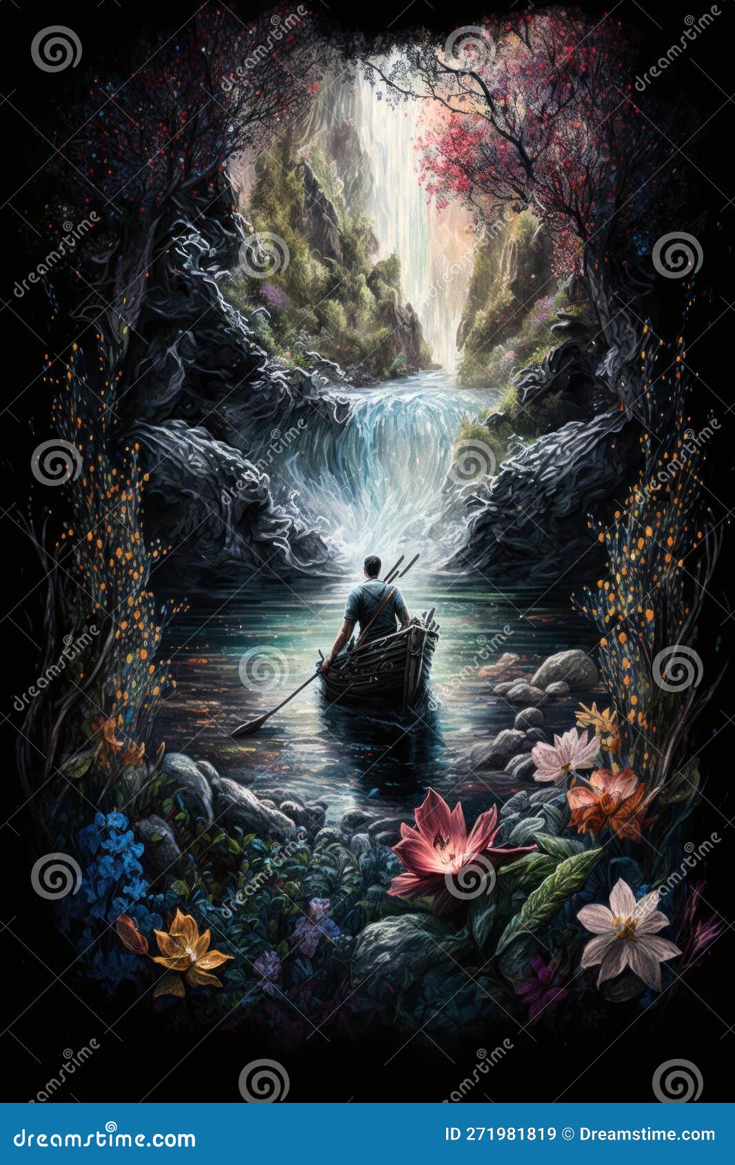 A Man in a Boat Approaching a Waterfall Flanked Generative AI Stock ...