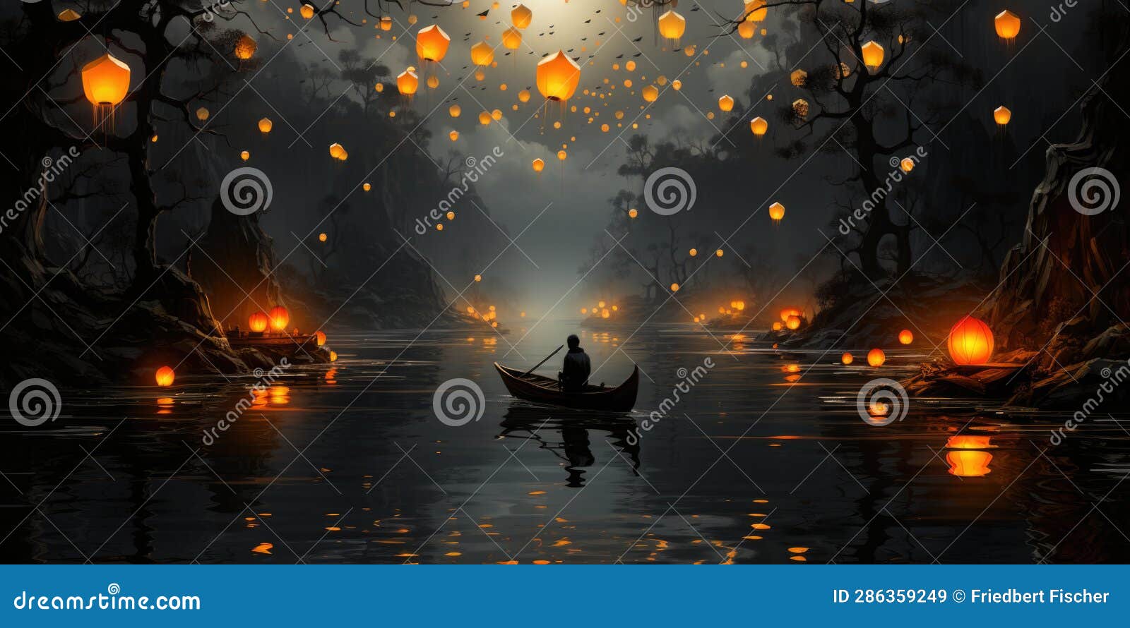 A Man in a Boat Floating Down a River at Night. Digital Image Stock ...